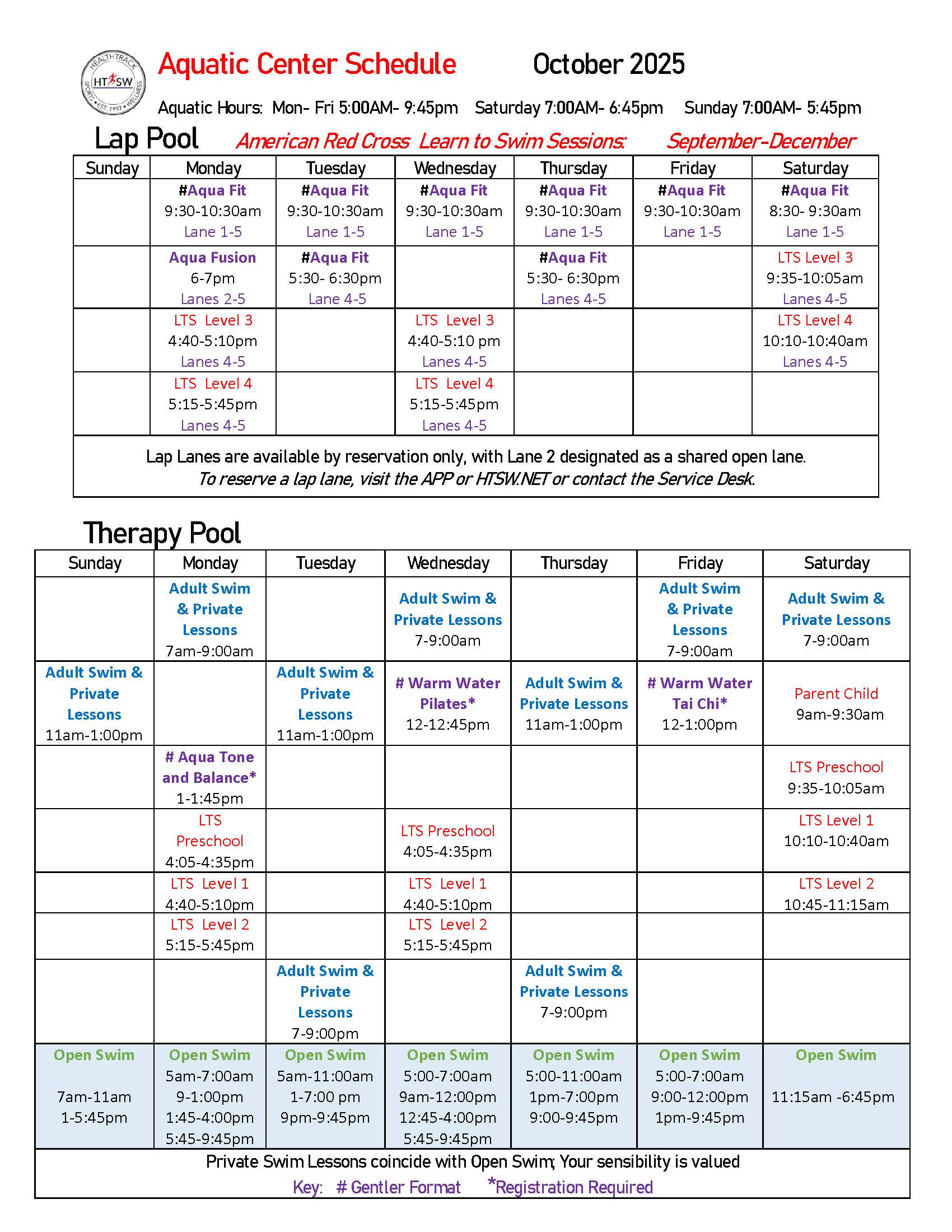 Daily Pool Schedules | HealthTrack